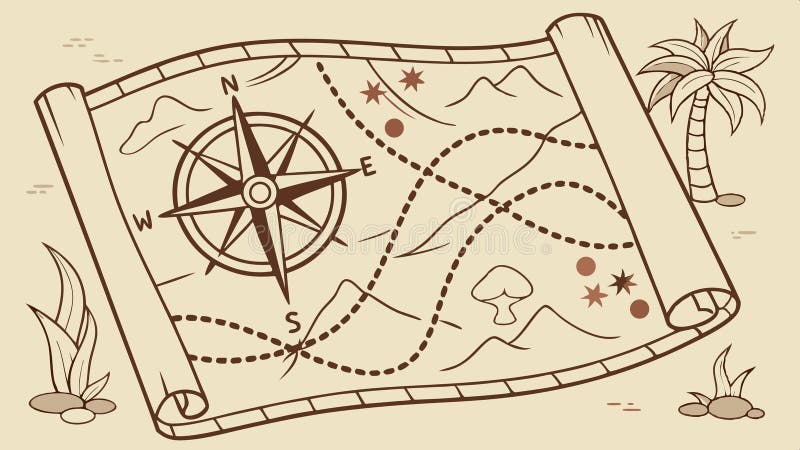 Vintage Map Scroll with Compass, Adventure Treasure Hunt Vector Design ...