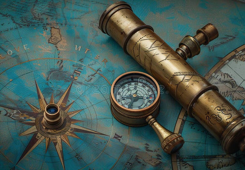 A Vintage Map Serves As a Backdrop for Antique Navigational Instruments ...