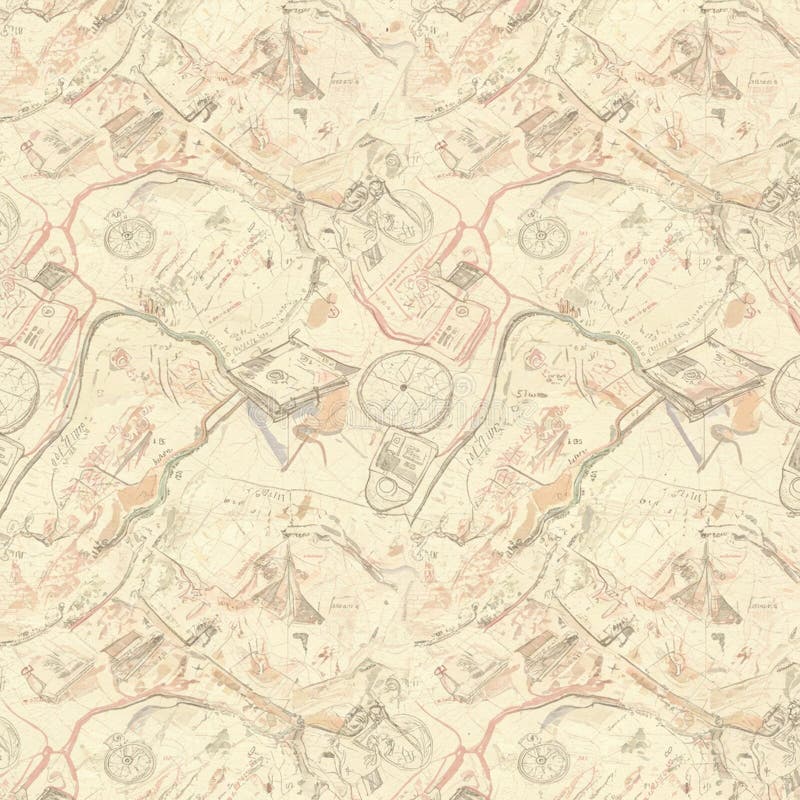 Vintage Map-style Pattern Featuring Hand-drawn Elements Such As ...