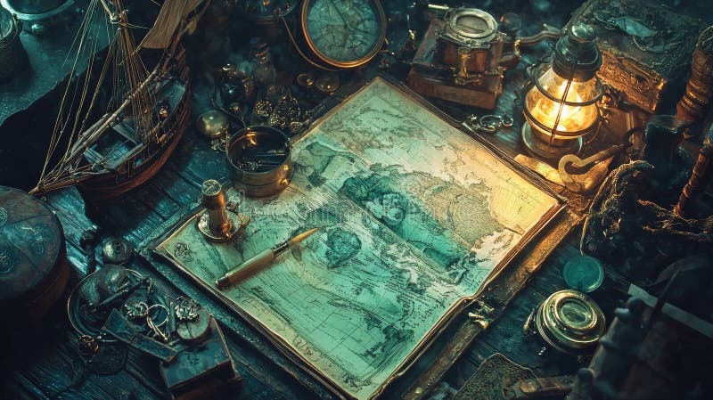 Vintage Map Surrounded by Old Nautical Instruments Stock Image - Image ...