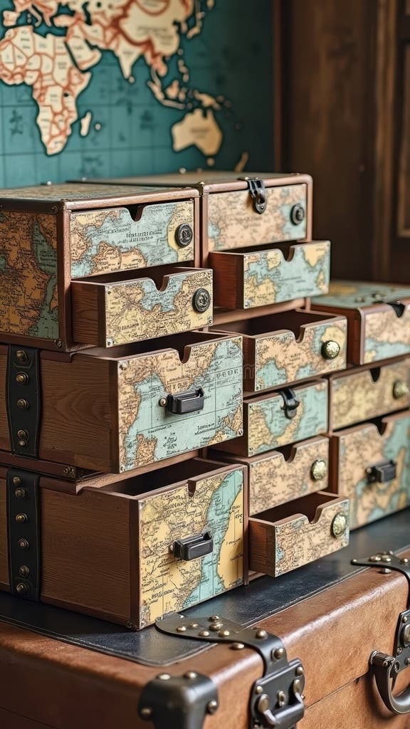 Vintage Map-themed Drawers with Antique World Map Background Stock ...