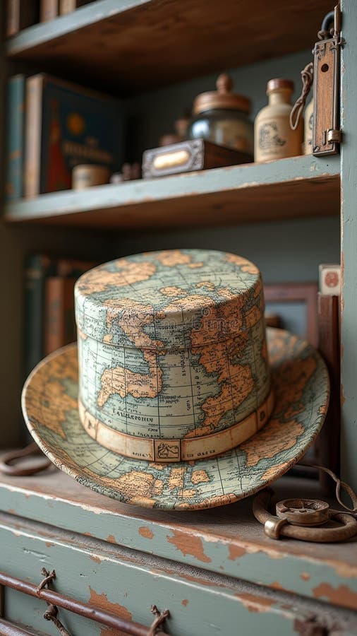 Vintage Map-themed Hat on Rustic Bookshelf with Antique Items Stock ...
