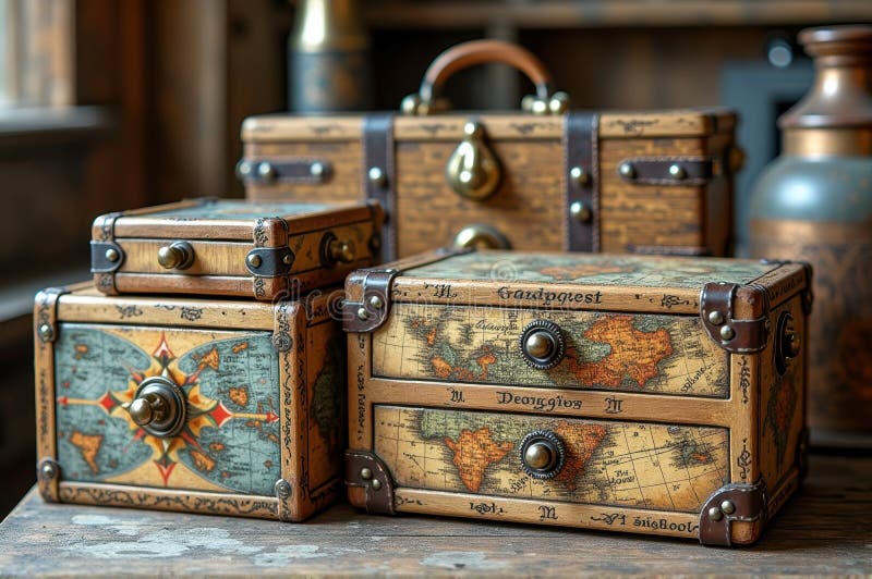 Vintage Map-themed Wooden Boxes with Brass Accents on Rustic Background ...
