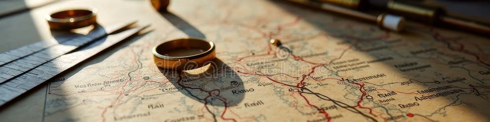 Vintage Map with Wedding Rings and Adventure Planning Tools in Sunlight ...