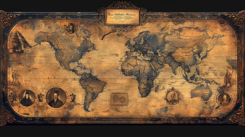 A Vintage Map of the World with a Border and a Title Stock Illustration ...