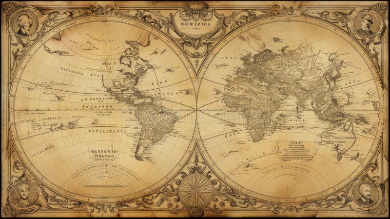 A Vintage Map of the World with a Border and a Title Stock Illustration ...