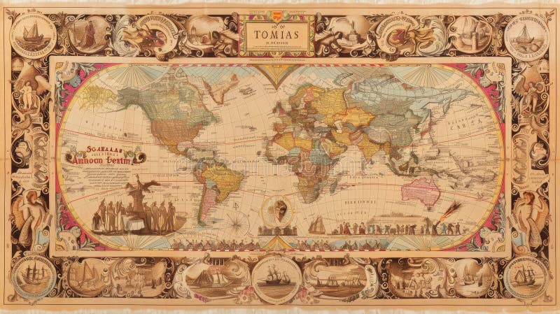 A Vintage Map of the World with a Border and a Title Stock Illustration ...