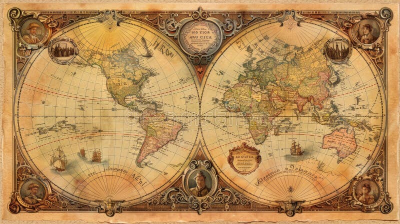 A Vintage Map of the World with a Border and a Title Stock Illustration ...