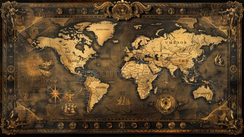 A Vintage Map of the World with a Border and a Title Stock Illustration ...