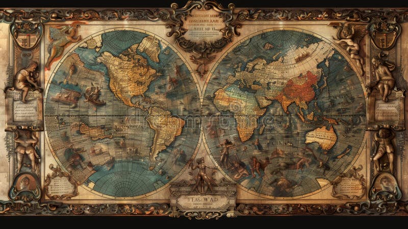 A Vintage Map of the World with a Border and a Title Stock Illustration ...