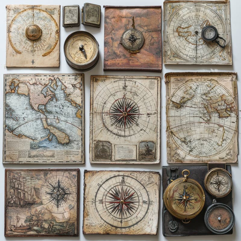 Vintage Maps and Compasses Arrangement Stock Photo - Image of ...