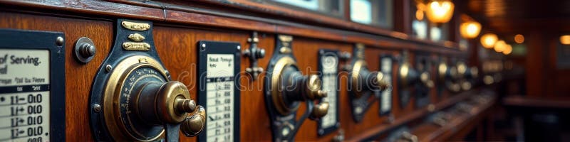 Vintage Maritime Control Panel with Brass Dials on a Wooden Ship ...