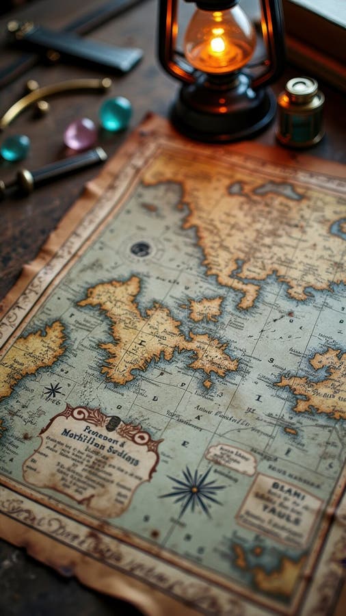 Vintage Maritime Map with Compass and Lantern on Wooden Table Setting ...