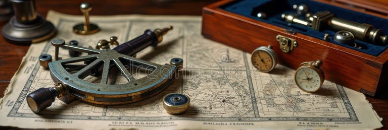 Vintage Maritime Navigation Instruments on Nautical Map Stock Photo ...