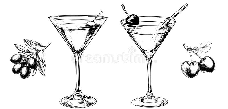 Vintage Martini with Olive and Cherry and Cocktail Sketch. Vector ...