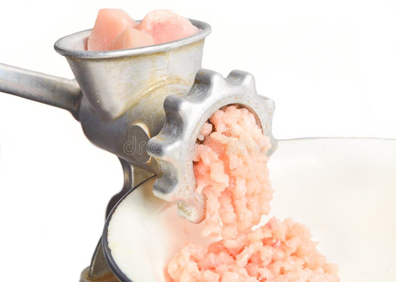 Vintage Meat Grinder Grinds Chicken Meat Isolated on White Background ...