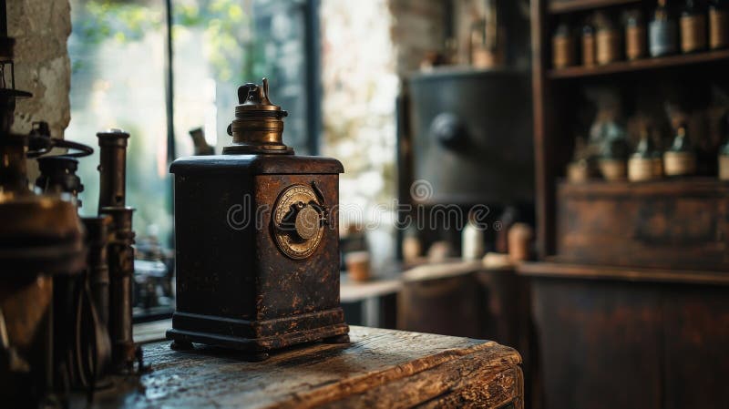 Vintage Mechanical Device in Rustic Workshop Setting Stock Photo ...