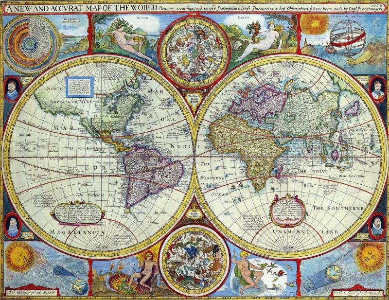 Vintage Medieval Map of the World 1626. Sepia with Colour Editorial ...
