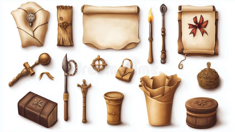 Vintage Medieval Objects Like Scrolls, Weapons, and Tools Displayed ...