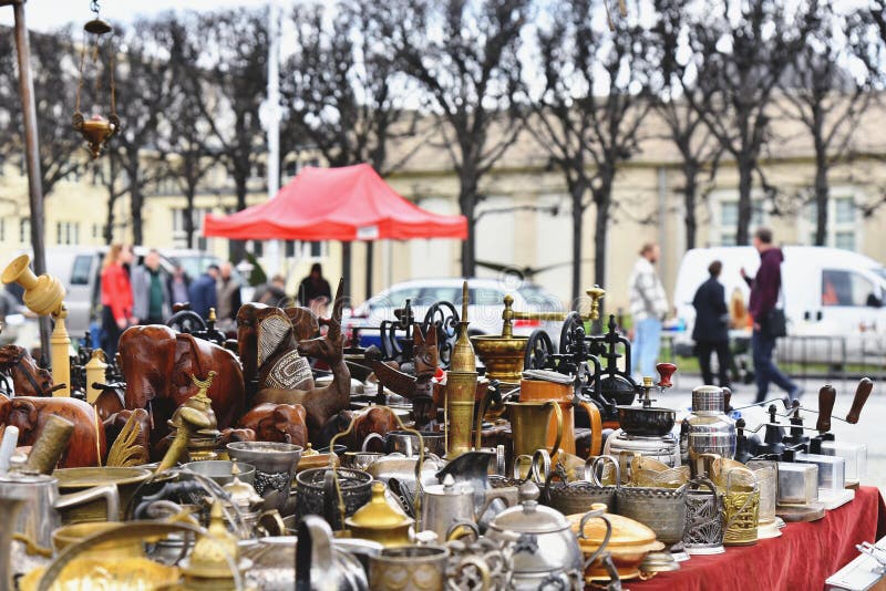 Vintage Merchandise on Sale Flea Market Silver and Wooden Objects Stock ...