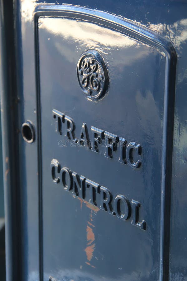 Vintage Metal Box with Traffic Control Sign Stock Photo - Image of blue ...