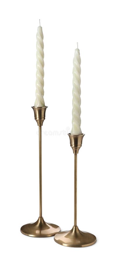 Vintage Metal Candlesticks with Candles on White Background Stock Photo ...