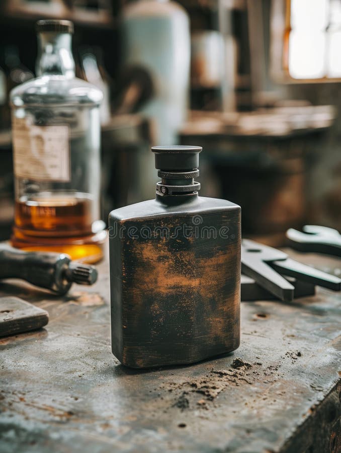 Vintage Metal Flask Rustic Workbench Industrial Workshop Stock Photos ...