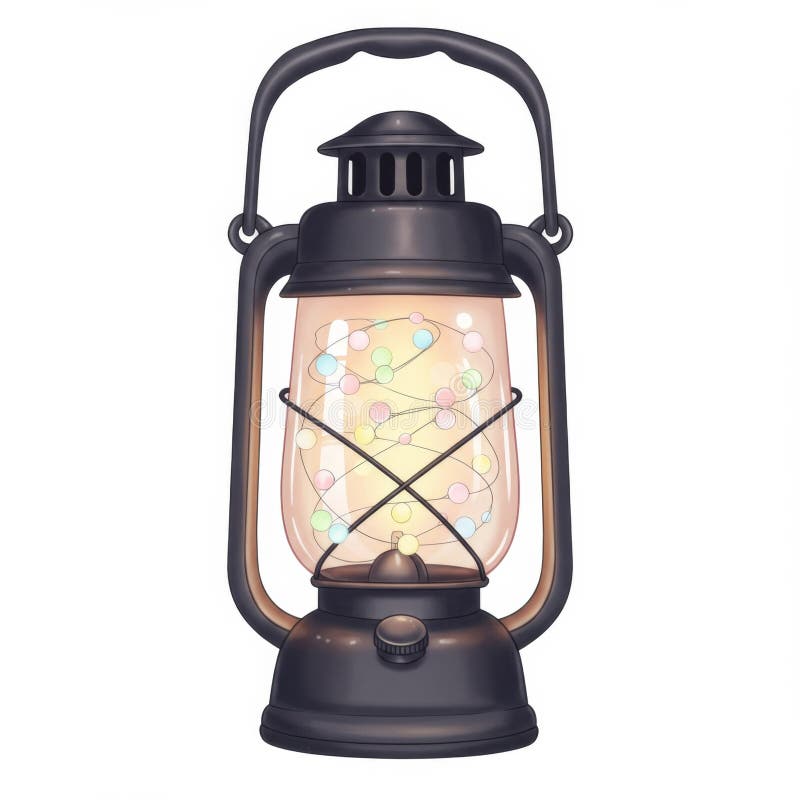 Vintage Metal Lantern with Colorful String Lights Stock Illustration ...