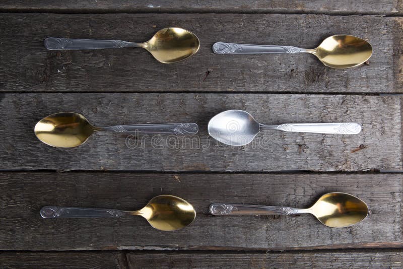 Vintage Metal Spoons on Wooden Table Stock Image - Image of meal, cook ...