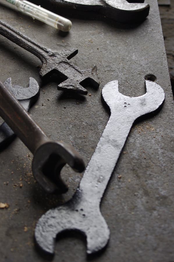 Antique Metal Tools on Workbench Stock Photo - Image of mechanic, tool ...