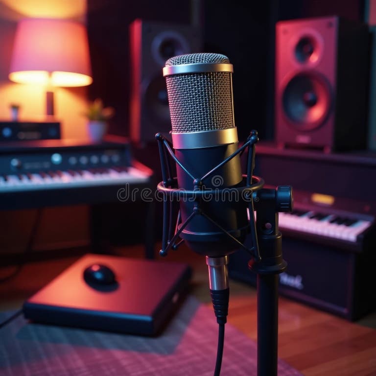 Vintage Mic, Warm Light, Music Studio Setting, Analog, Brass Stock ...