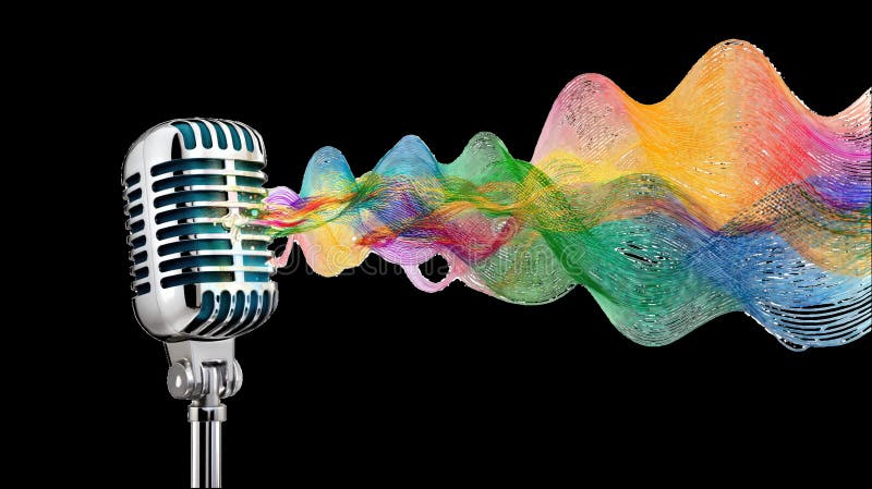 Vintage Microphone Broadcasting Colorful Sound Waves on Transparent ...