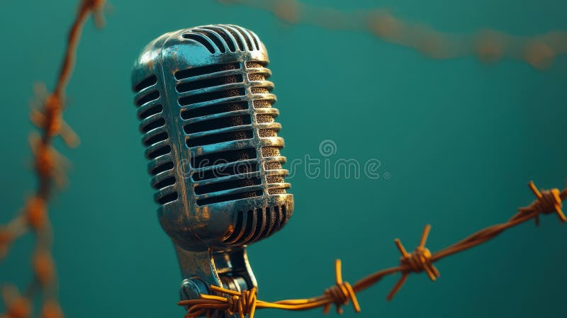 Vintage Microphone Entangled in Barbed Wire Against a Teal Background ...