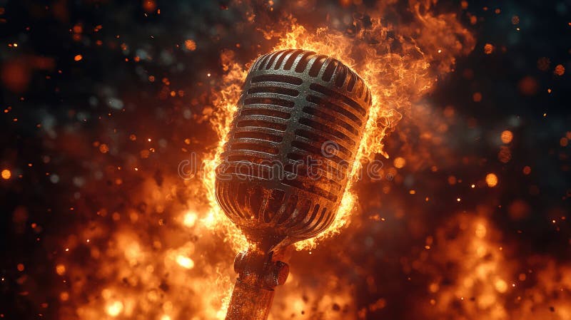 Vintage Microphone in Flames Capturing Fiery Energy Stock Photo - Image ...
