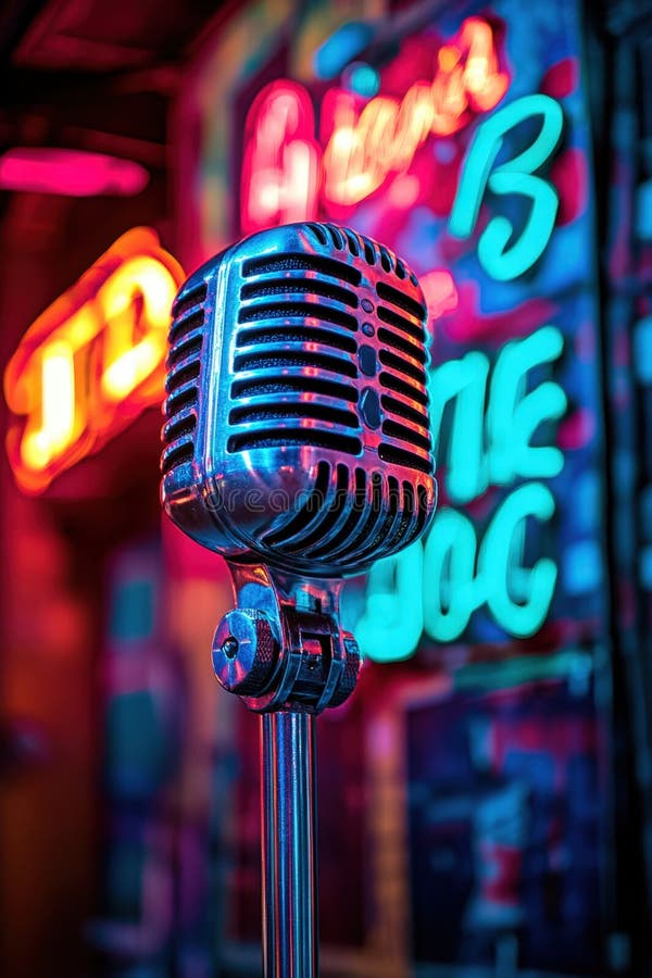 Vintage Microphone in Front of Neon Signs Stock Illustration ...