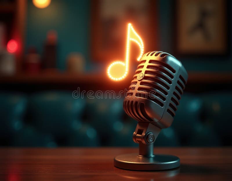 Vintage Microphone with Glowing Music Note - Retro Recording Studio ...