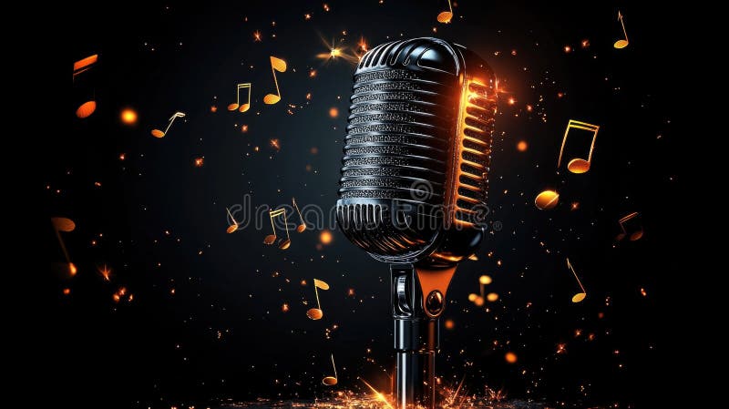 Vintage Microphone with Glowing Musical Notes in a Nighttime Setting ...