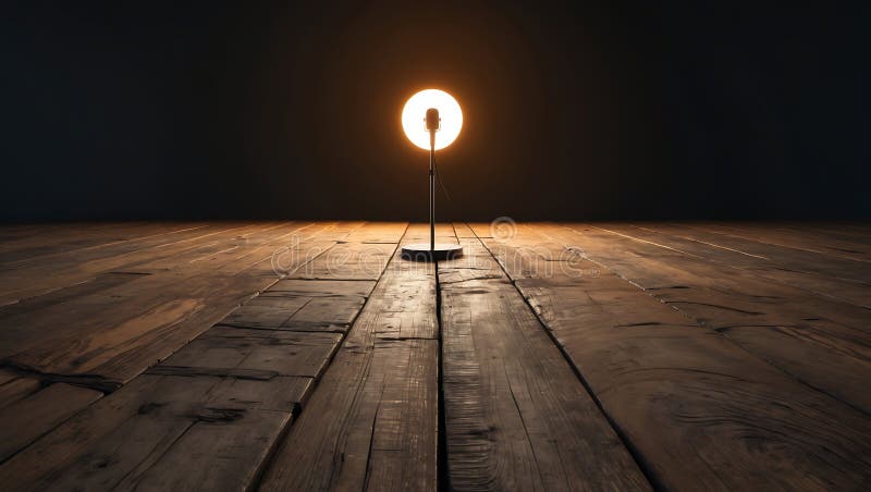 Illuminated Microphone on a Stage with a Rustic Wooden Floor and Dim ...