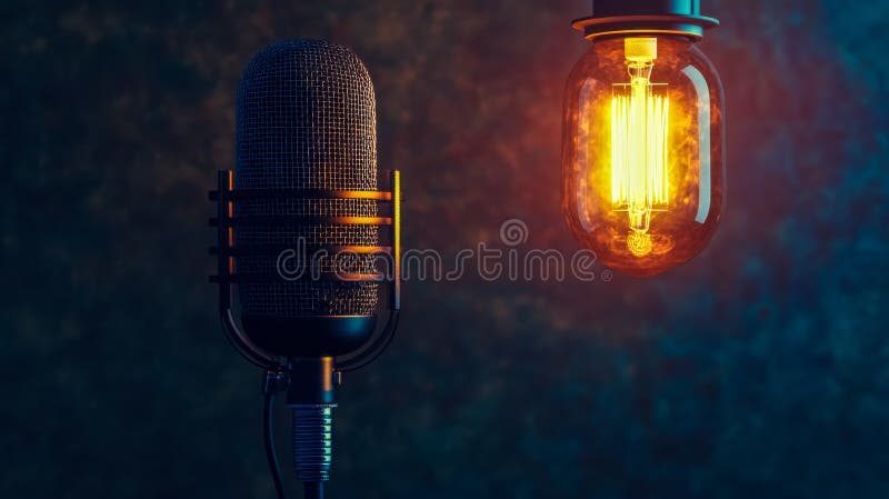 Vintage Microphone Illuminated by Warm Light Bulb in Dark Setting Stock ...