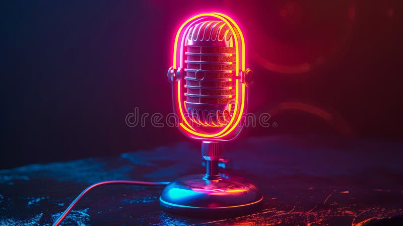 A Vintage Microphone with Neon Lights on it Stock Image - Image of glow ...