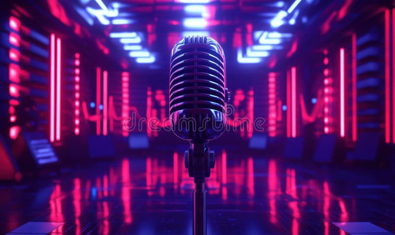 Vintage Microphone in Neon-lit Music Studio with Vibrant Lighting ...