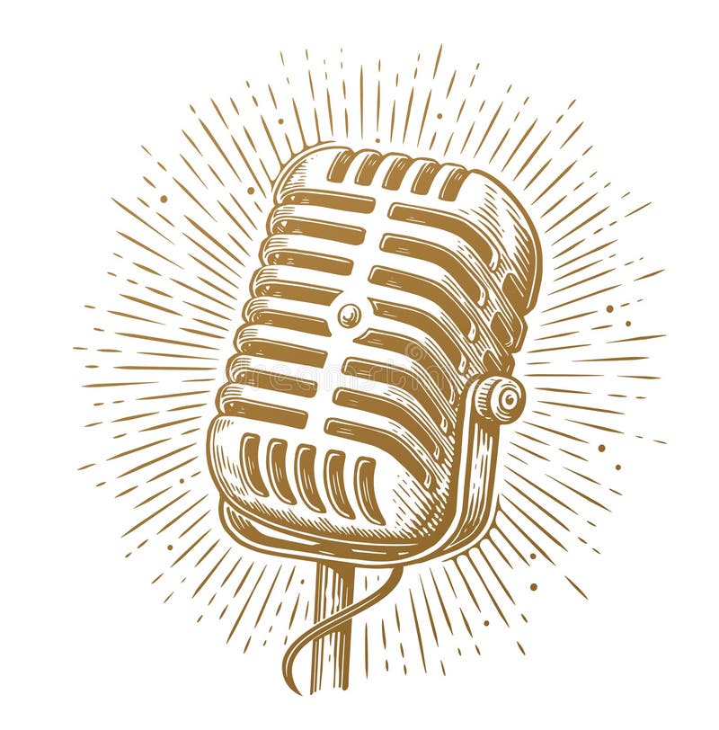 Vintage Microphone and Rays. Recording Mic. Hand Drawn Retro Vector ...