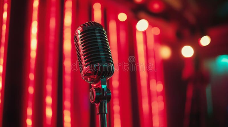 Vintage Microphone on Red Stage with Warm Lighting Stock Illustration ...