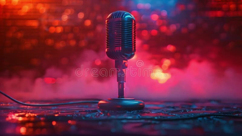 A Vintage Microphone Sits on a Stage Lit with Red and Blue Lights Stock ...