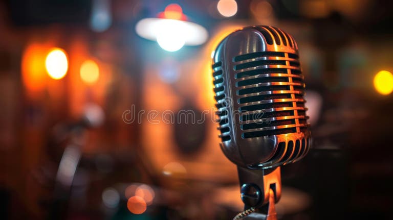 Vintage Microphone on a Stage with Blurred Lights in Background Stock ...