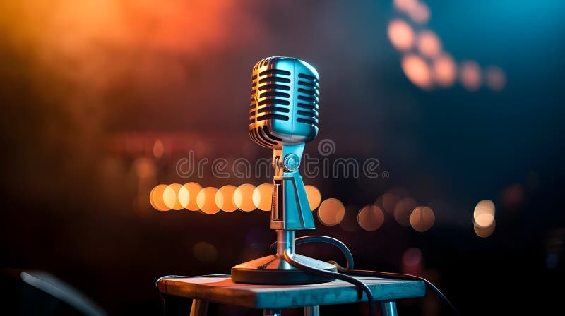 Vintage Microphone on Stage with Bokeh Lights Stock Illustration ...