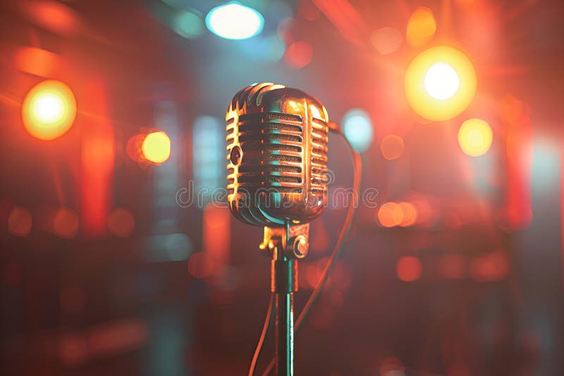 Vintage Microphone on Stage with Colorful Lights in Background Stock ...