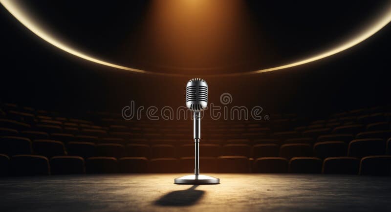 Vintage Microphone on Stage with Dramatic Lighting and Seating, Ready ...