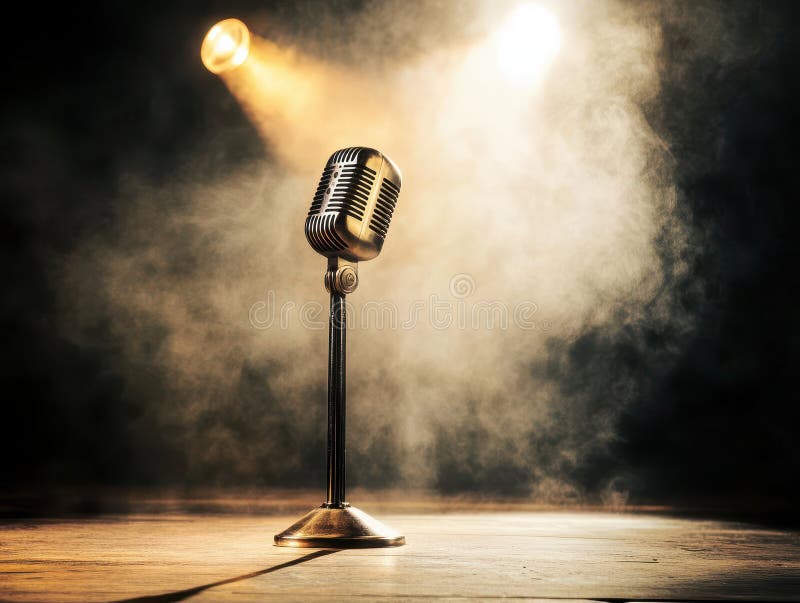 Vintage Microphone on Stage with Dramatic Lighting Stock Image - Image ...