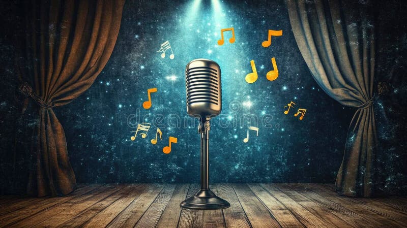 Vintage Microphone on Stage with Musical Notes Under Spotlight Stock ...